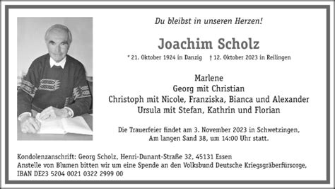 Traueranzeigen Von Joachim Scholz Trauer In NRW De