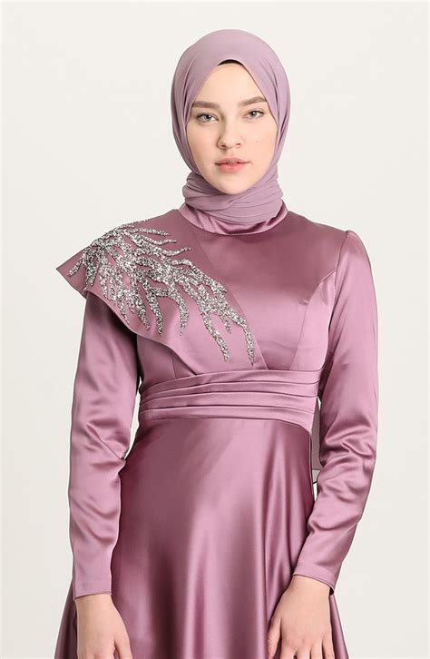 Taşlı Saten Abiye Elbise 4910 07 Lila Sefamerve
