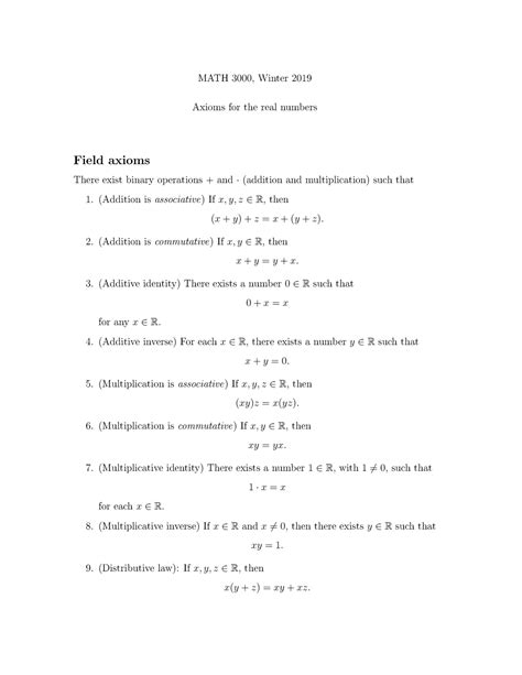 axioms axiom for real numbers math winter 2019 axioms for the real numbers field axioms
