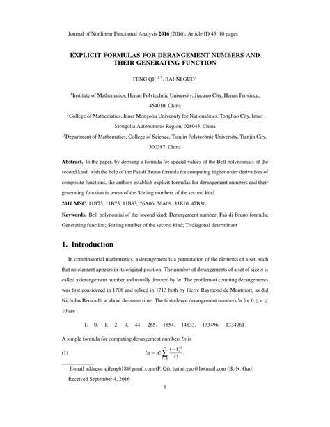 pdf explicit formulas for derangement numbers and their generating function
