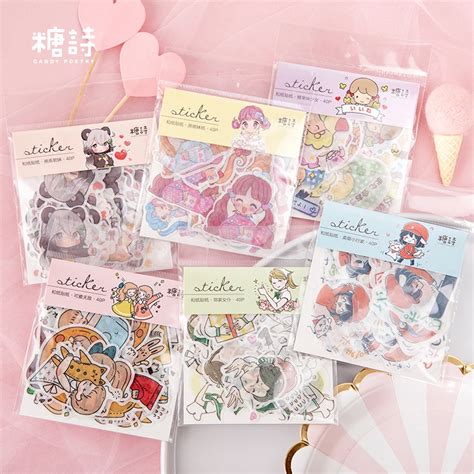 40 Adet Grup Sevimli Washi Etiket Seti Kawaii Kedi Karikat R K Z