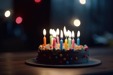 Premium AI Image Birthday Cake With Candles On A Wooden Table In A