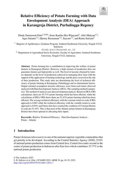 pdf relative efficiency of potato farming with data envelopment analysis dea approach in