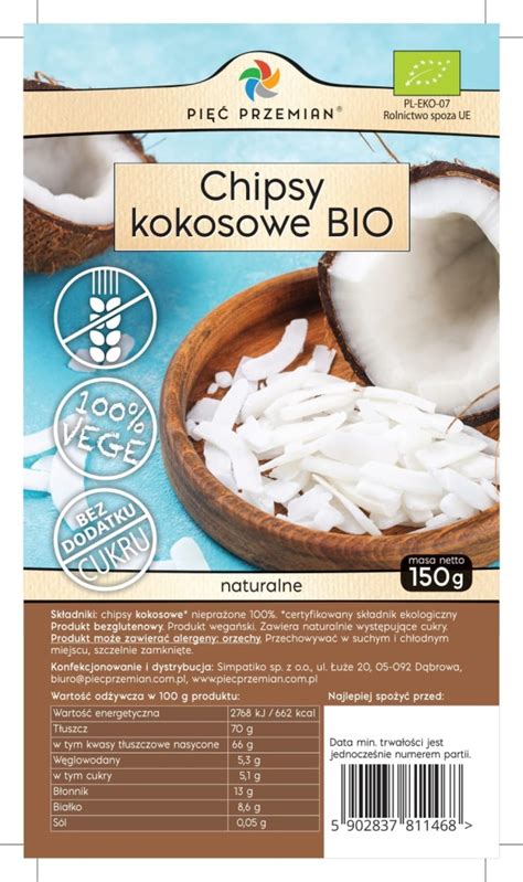 Chipsy kokosowe naturalne BIO bezglutenowe 150g Pięć Przemian CHRUPKI