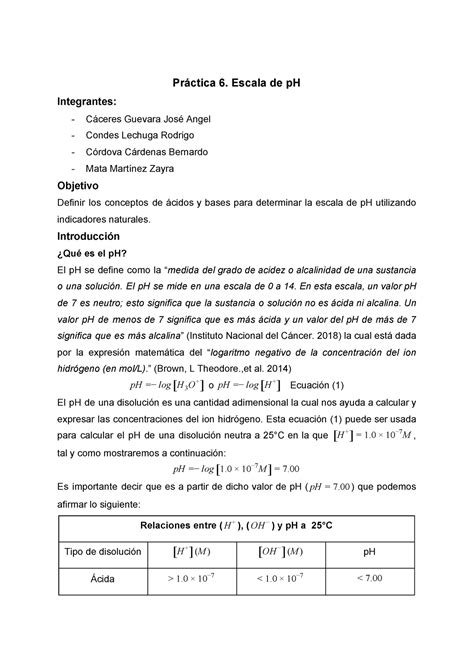Escala de p H Reporte de práctica de pH Práctica 6 Escala de pH