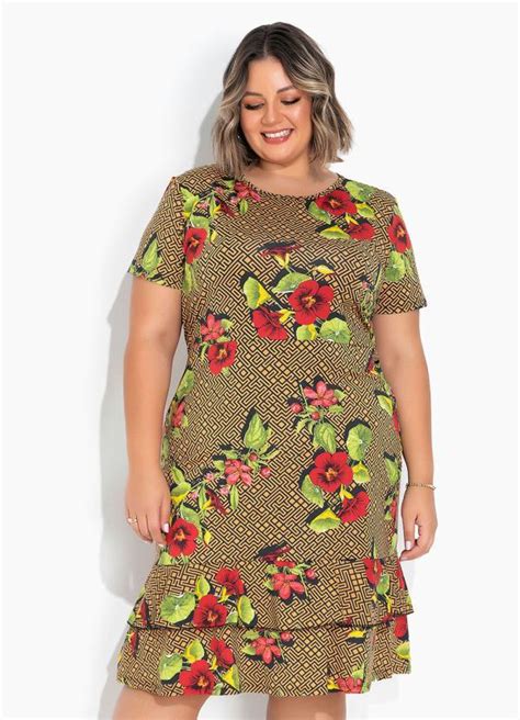 Vestido Floral e Geométrico Babado Plus Size Marguerite