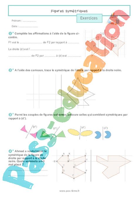 Figures symétriques Exercices de géométrie pour la 6ème PDF à imprimer