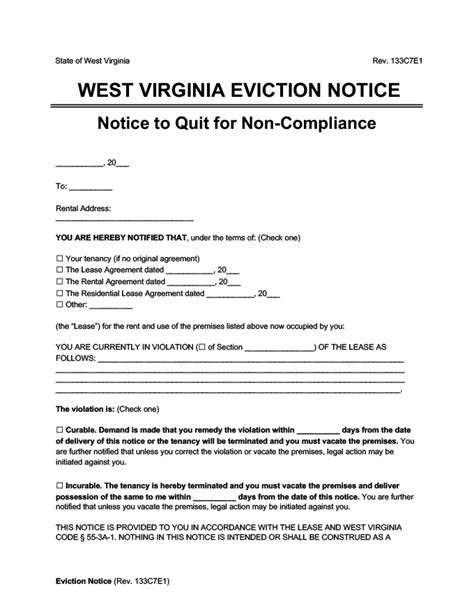 Free West Virginia Eviction Notice Forms PDF Word Templates