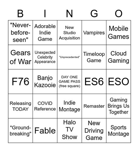 Xbox Bethesda Showcase Bingo Card