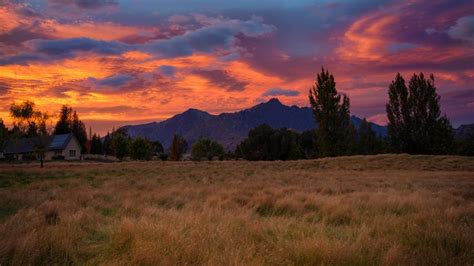 4K Nature Trees Clouds Mountains New Zealand Sky Sunset Glow 4K