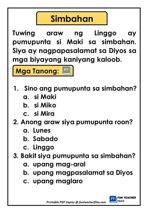 Filipino Reading Materials With Comprehension Questions Set Fun