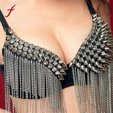 Feitong Sexy Bras Women Party All Over Spike Rivet Tassels Metallic Punk Bra Sexy Party Crop