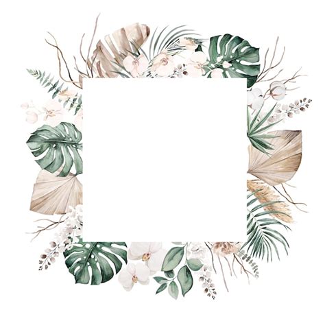 Boda Boho Marco De Acuarela Con Hojas Tropicales Beige Y Verde Azulado