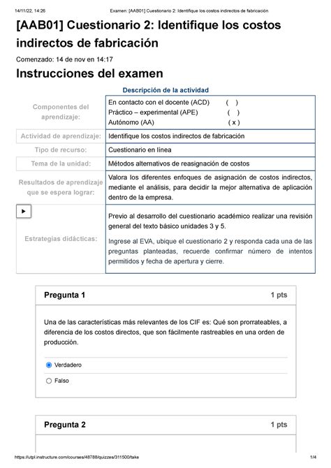 Examen Aab Cuestionario Identifique Los Costos Indirectos De
