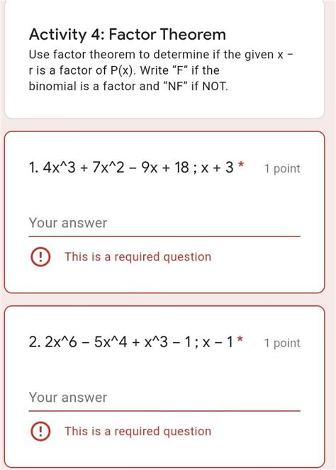 solved activity 4 factor theorem use factor theorem to