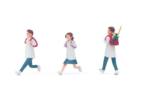 Establecer niños caminando a la escuela ilustración 3d Foto Premium