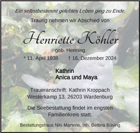 Traueranzeigen von Henriette Köhler nordwest trauer de