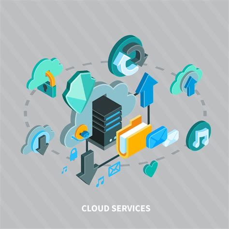 Servicios en la nube y concepto isométrico de almacenamiento seguro de