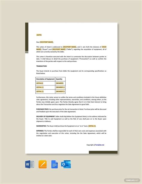 Letter Of Intent To Purchase Product Template Google Docs Word
