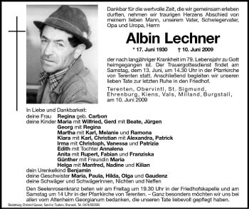 Traueranzeigen Von Albin Lechner Trauer Bz