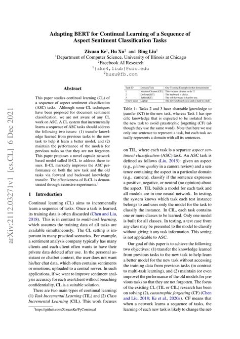 pdf adapting bert for continual learning of a sequence of aspect sentiment classification tasks