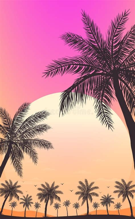Coucher De Soleil Sur La Plage Avec Des Palmiers Illustration Stock