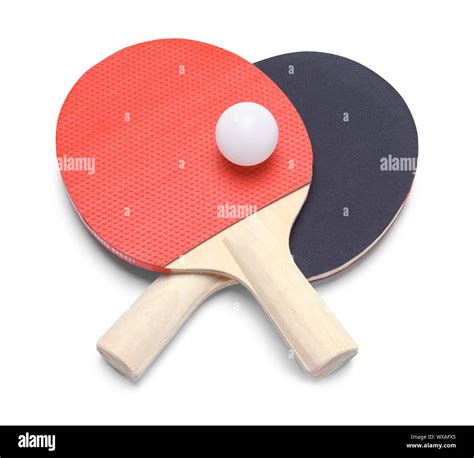 Two Ping Pong Paddles Crossed With Ball Isolated On White Stock Photo