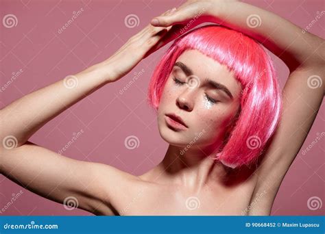 Woman With Pink Hair Posing Stock Photo Image Of Beautiful Bright
