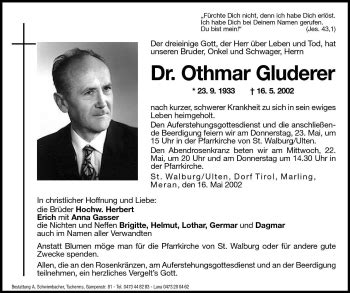 Traueranzeigen Von Othmar Gluderer Trauer Bz