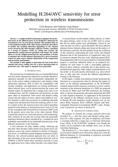 pdf modelling h 264 avc sensivitity for error protection in wireless transmissions