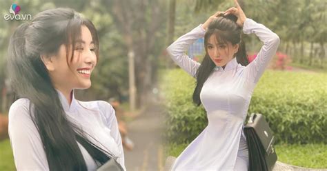 Diện áo dài trắng nền nã nữ sinh đưa tay vén tóc tiện khoe luôn body