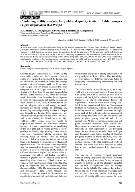 pdf research note combining ability analysis for yield and quality traits in fodder cowpea