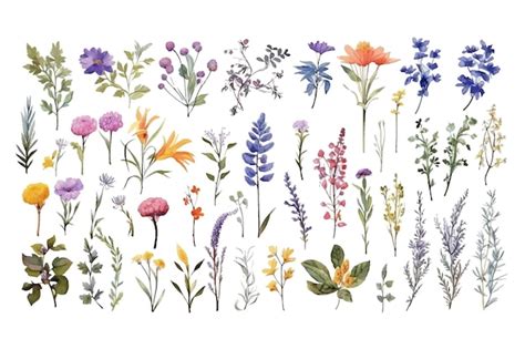 Großes set mit aquarellelementen wildblumen kräutern blättern