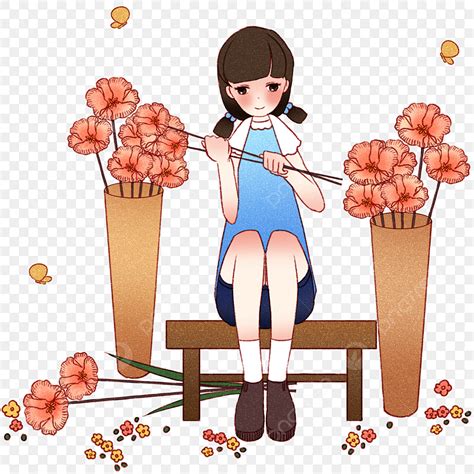 Ilustración De La Gira De Primavera Niña Recogiendo Flores Flores