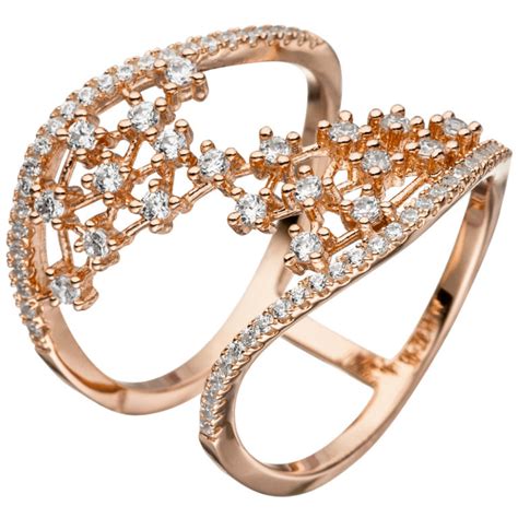Ring Asymmetrisch 925 Silber Rotvergoldet Netzoptik Mit Zirkonia