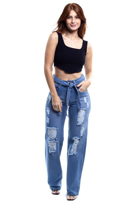 Calça Jeans Feminina Wide Leg Cinto Crocker