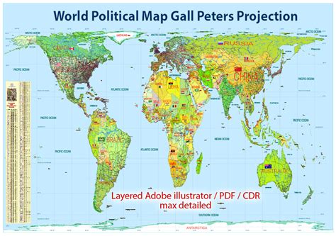 Printable World Political Map In Gall Peters Projection Editable Adobe