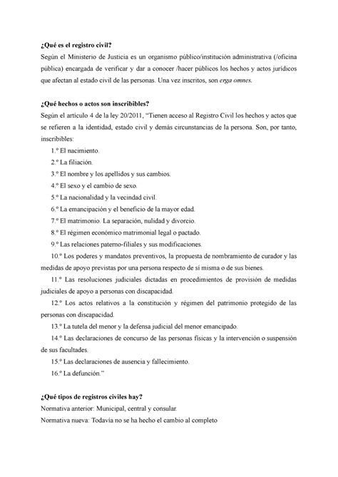 Actividad corta sobre el Registro Civil Qué es el registro civil