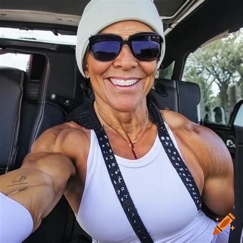 Close Up Portrait Of A Mature Muscular Woman Bodybuilder