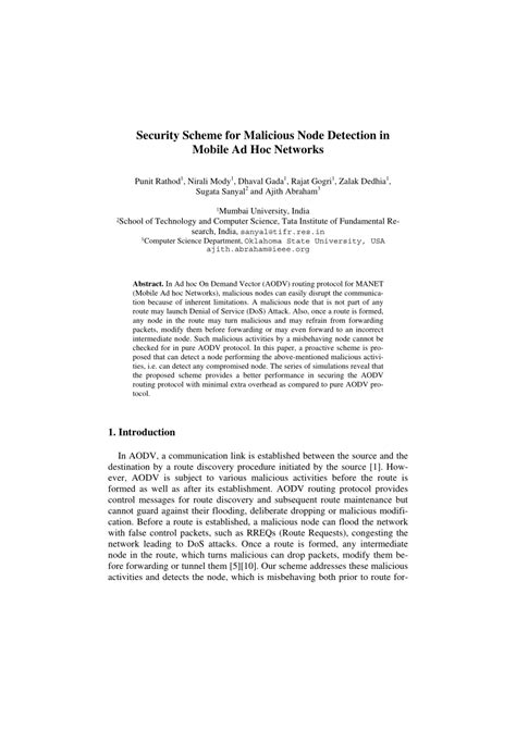 pdf security scheme for malicious node detection in mobile ad hoc networks