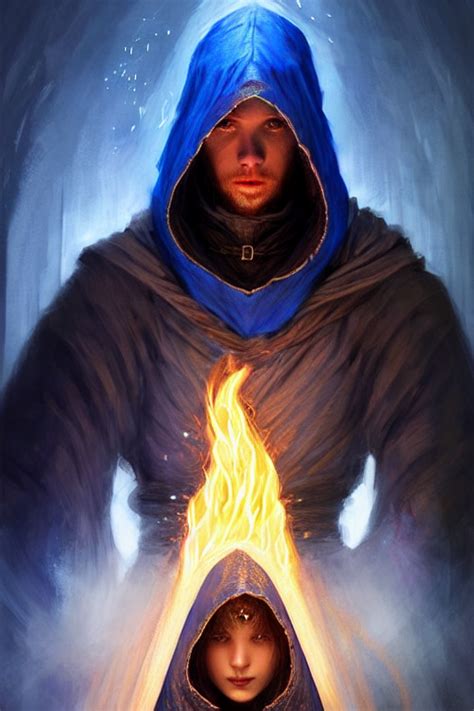Prompthunt Front Portrait Of A Hooded Mage Hold A Blue Fire And