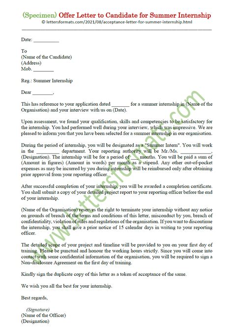 Offer Letter Format To Candidate For Summer Internship