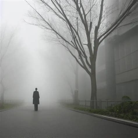Ominous Foggy Japanese City Street With A Lone Figure Stable