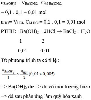 Cho 100ml dung dịch Ba OH 2 0 1M vào 100ml dung dịch HCl 0 1M Dung