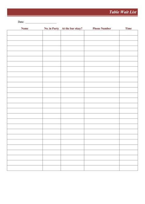 restaurant table wait list printable pdf download