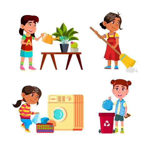 Meninas Crian As Limpando E Fazendo Tarefas Dom Sticas Definir Vetor