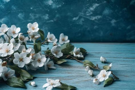 Premium AI Image A Blue Wooden Table With White Flowers On It
