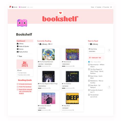 Your Bookshelf On Notion Elliegons Studyblr Reading Tracker Theme