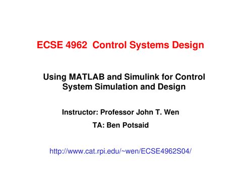slides on using matlab and simulink for control system design ecse 4962 docsity