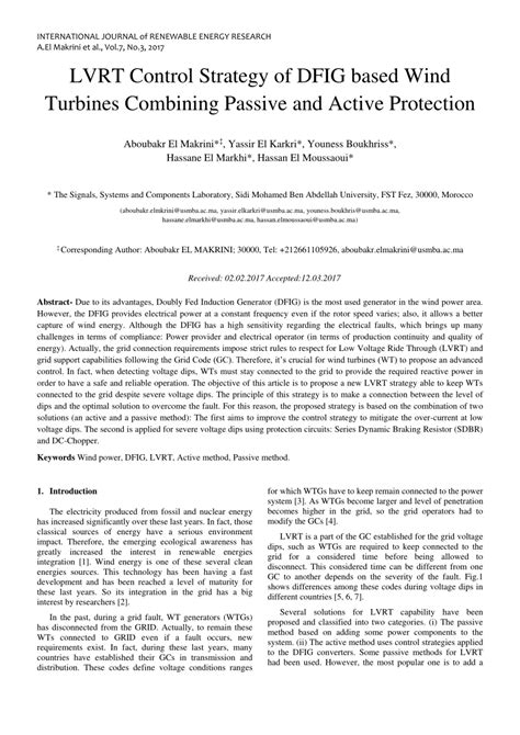 pdf lvrt control strategy of dfig based wind turbines combining passive and active protection